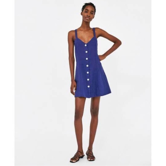 Zara | Dresses | Zara Woman Deep Blue Buttondown Mini Dress 0 Linen ...